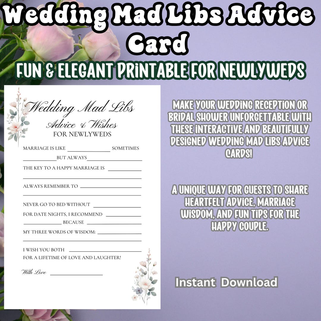 Wedding Mad Libs Advice Card, Fun & Elegant Wedding Game, Advice for ...