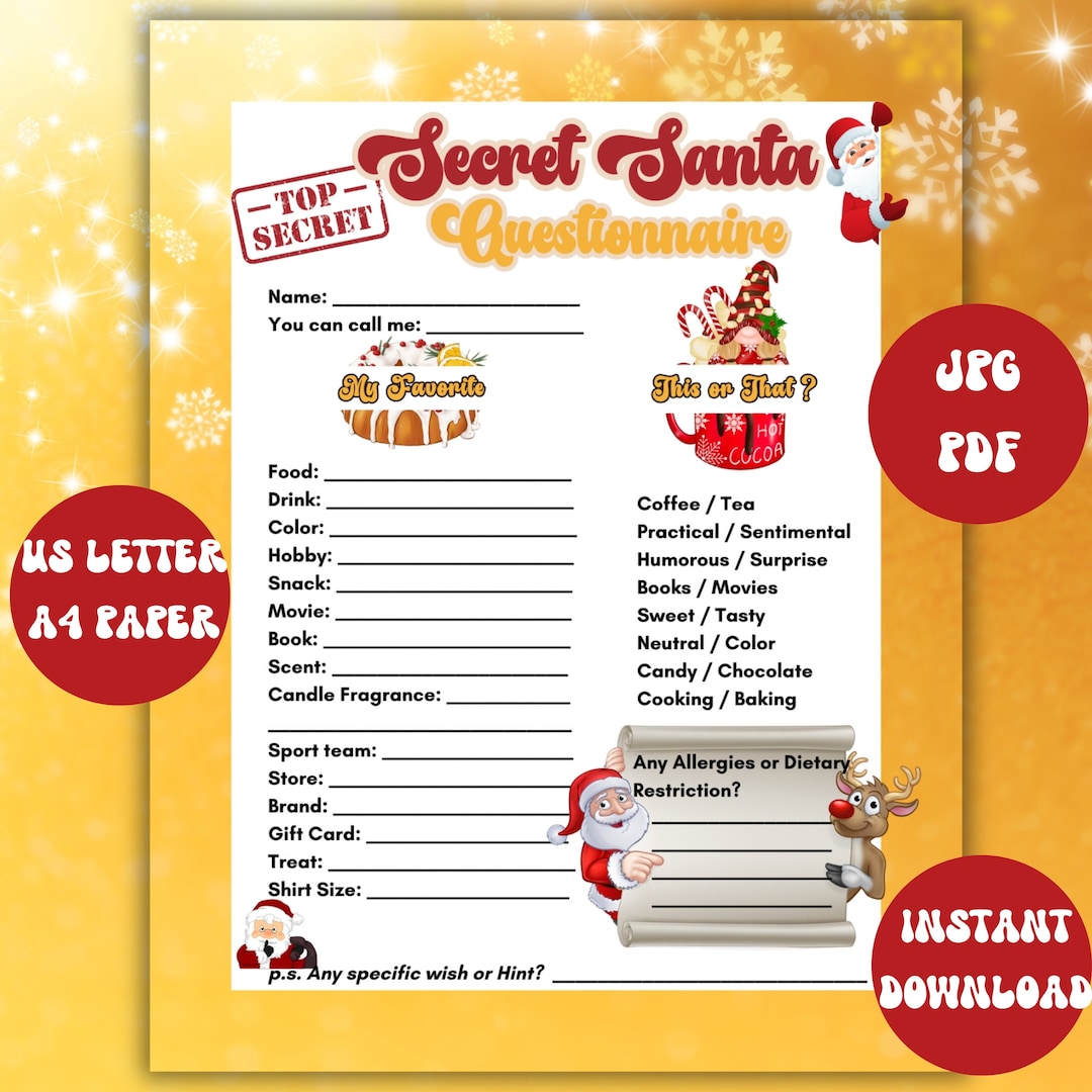 Printable Secret Santa Questionnaire, Gift Exchange Survey for ...