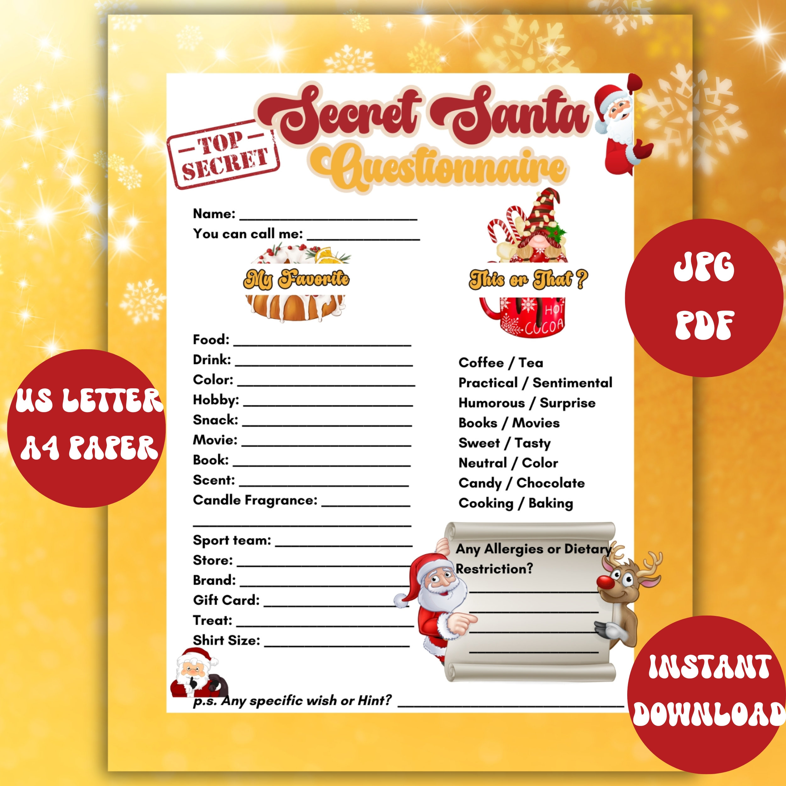 Printable Secret Santa Questionnaire, Gift Exchange Survey for ...