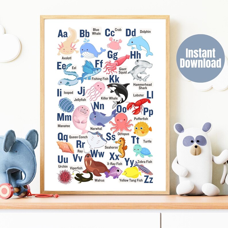 Sealife Alphabet Nursery Wall Art, Printable Kids Ocean Alphabet Poster ...