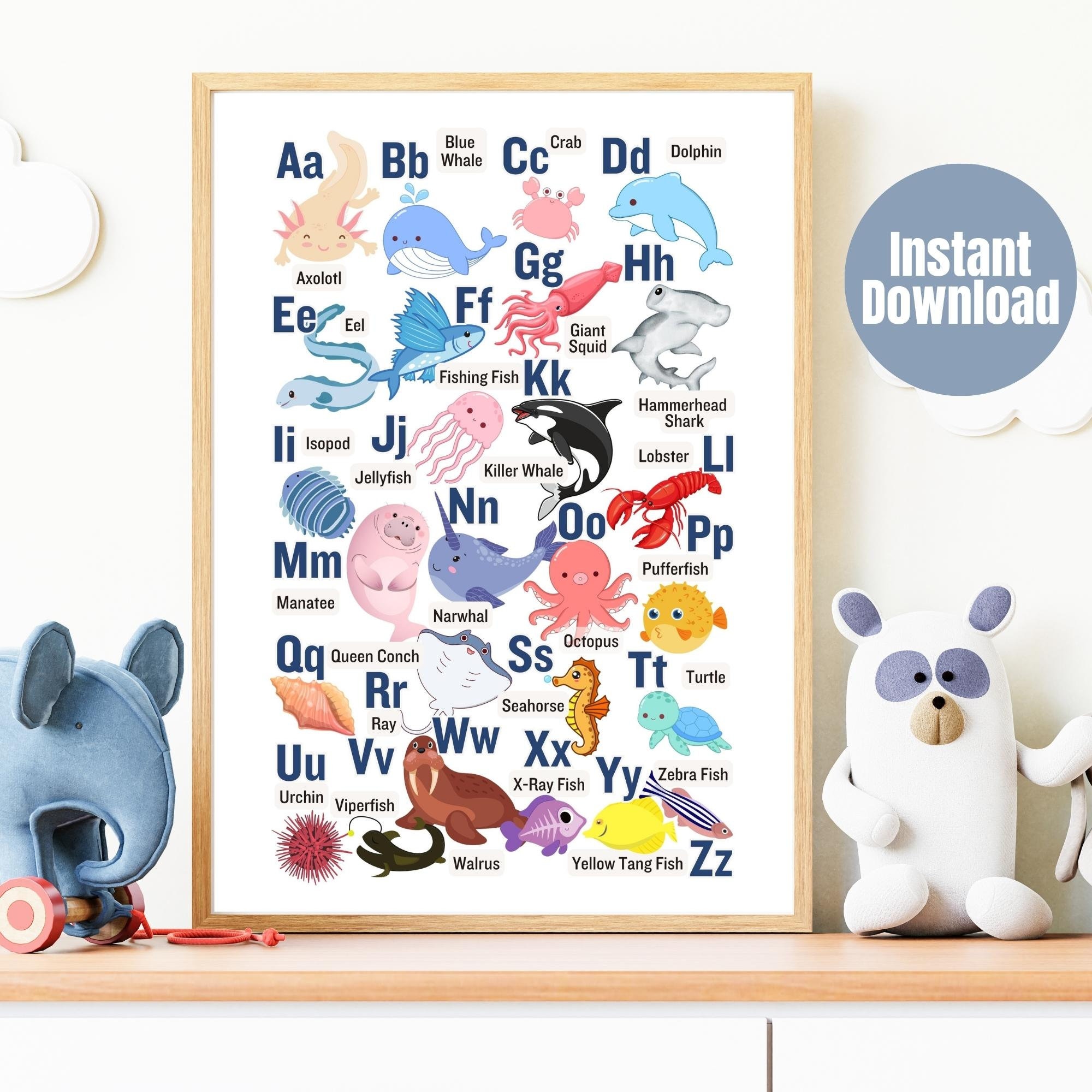 Sealife Alphabet Nursery Wall Art, Printable Kids Ocean Alphabet Poster ...