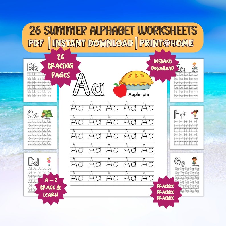 26 Summer Alphabet Worksheets, Handwriting Practice, ABC Trace & Write ...