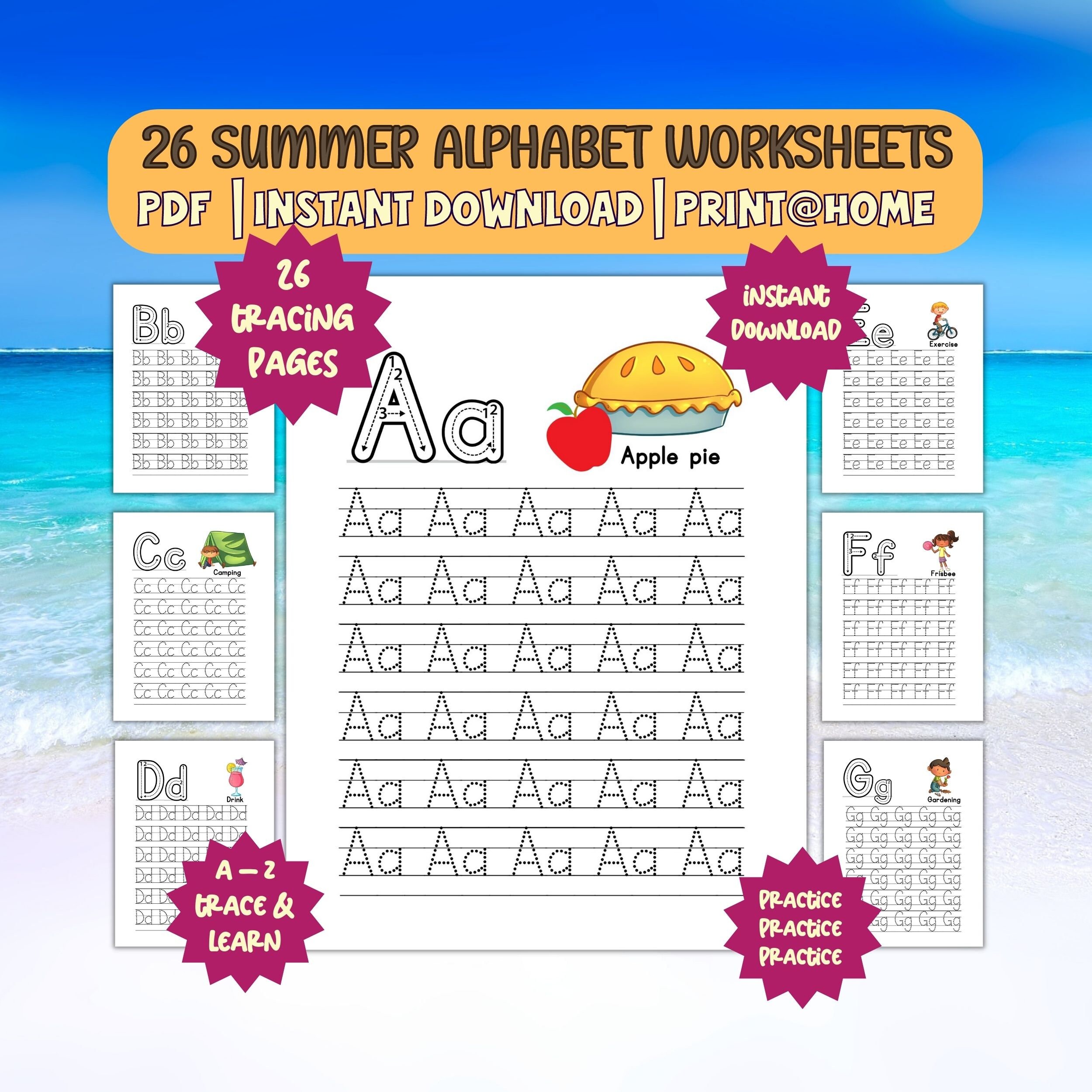 26 Summer Alphabet Worksheets, Handwriting Practice, ABC Trace & Write ...