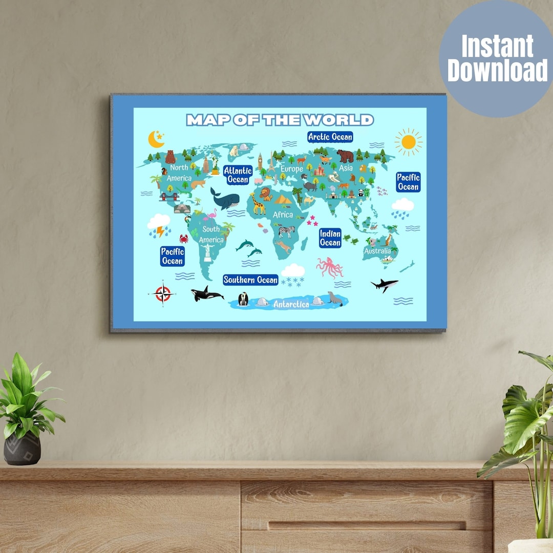 Map of the World Wall Art, Printable Kids World Map Poster, Children ...