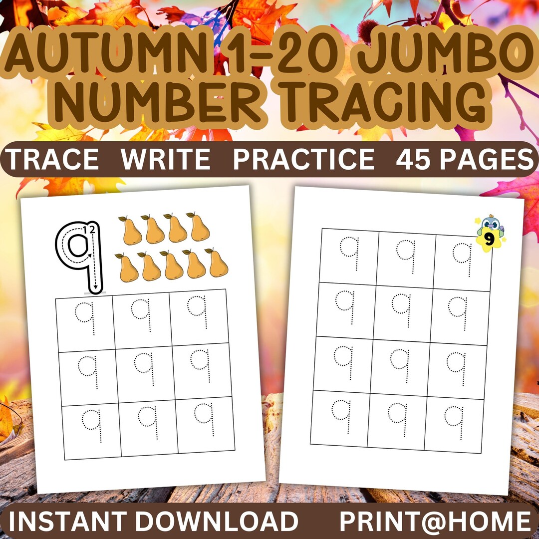 Autumn 1-20 Jumbo Number Tracing Worksheet for Kids, Preschool ...