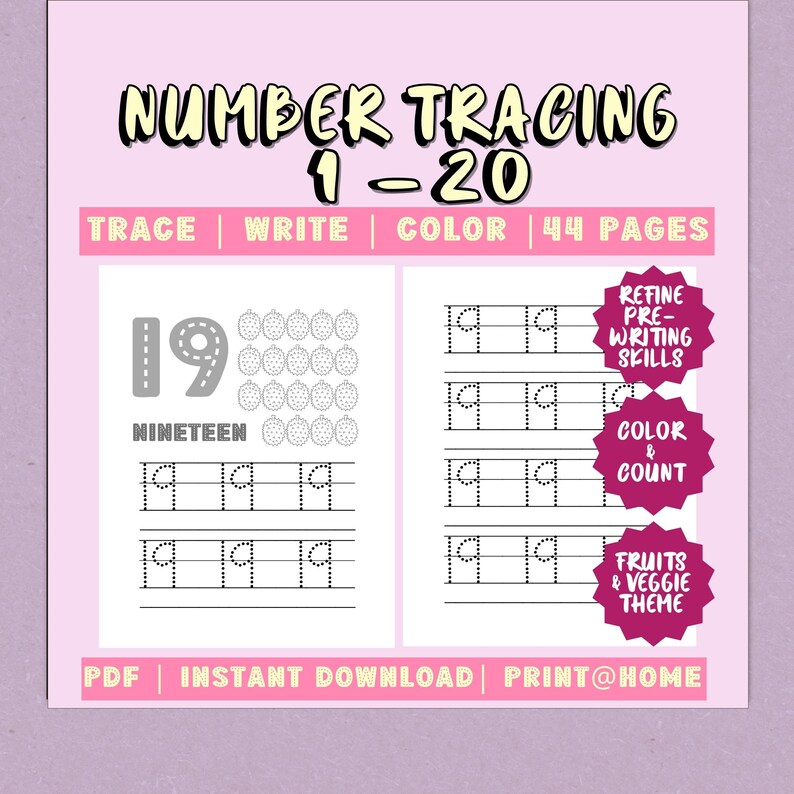 Number Tracing Worksheet 1-20 for Kids, Preschool, Toddlers ...