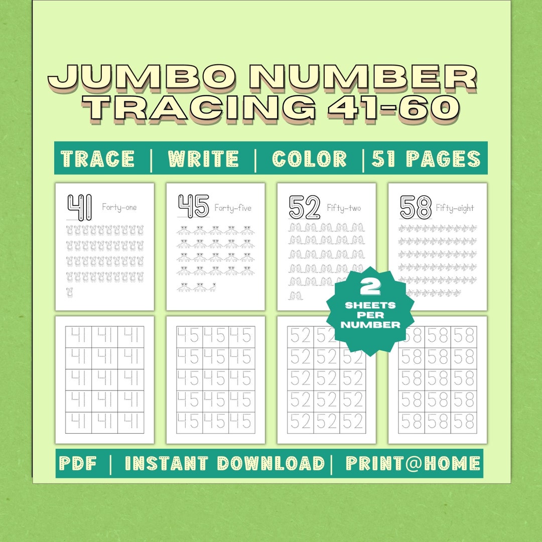 Jumbo Number Tracing Worksheet 41-60 for Kids, Preschool, Toddlers ...