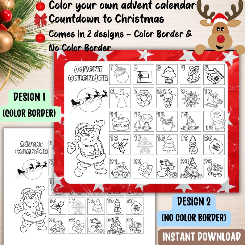 Christmas Advent Calendar, Printable Coloring Page, Cute Christmas ...