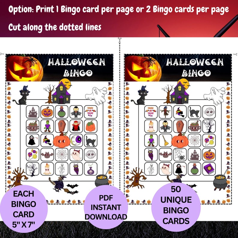 50 Halloween Bingo Cards, 50 Unique Prefilled Game Cards, Kids Party ...
