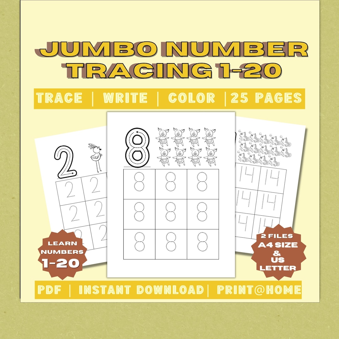 Jumbo Number Tracing Worksheet 1-20 for Kids, Preschool, Toddlers ...