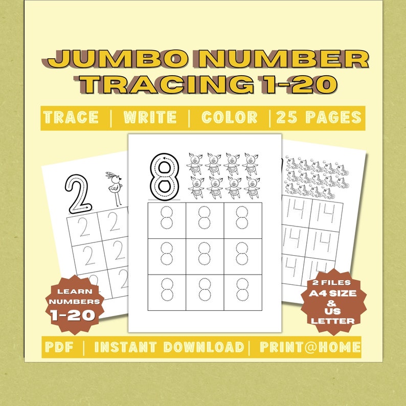 Jumbo Number Tracing Worksheet 1-20 for Kids, Preschool, Toddlers ...