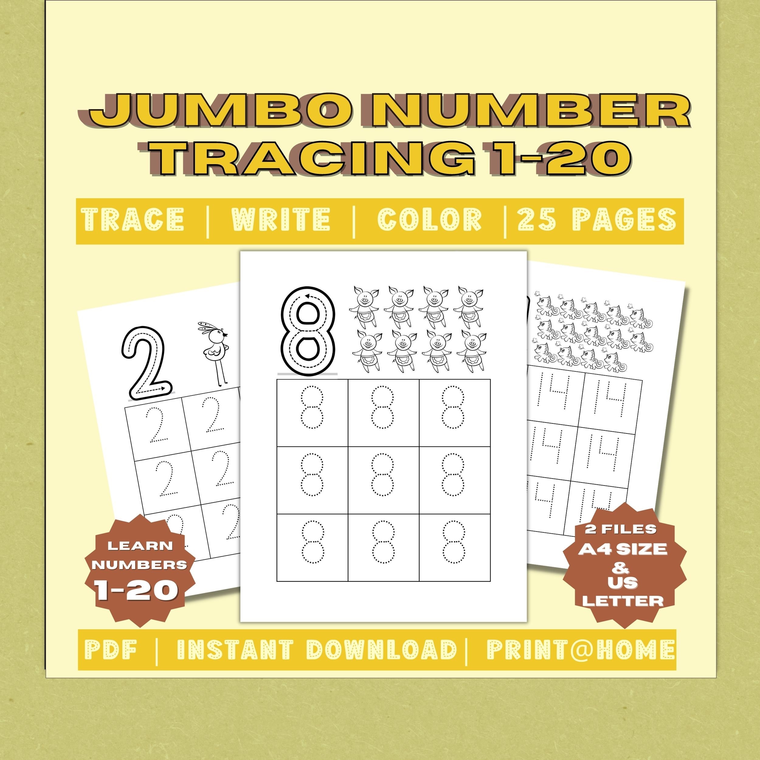 Jumbo Number Tracing Worksheet 1-20 for Kids, Preschool, Toddlers ...