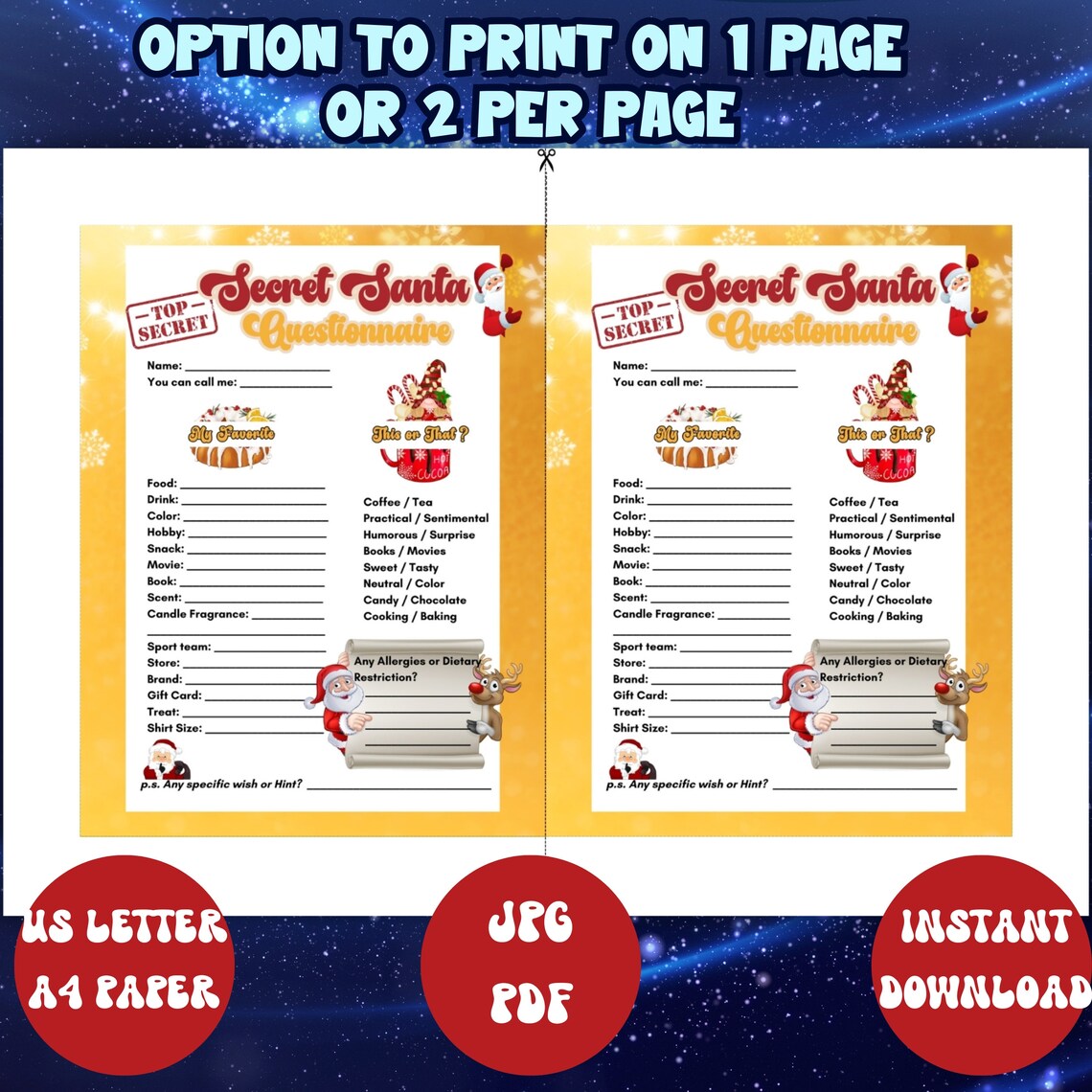 Printable Secret Santa Questionnaire, Gift Exchange Survey for ...