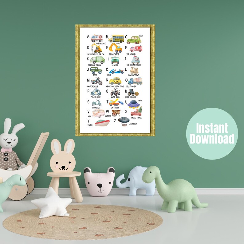 Vehicle Alphabet Nursery Wall Art, Printable Kids Transport Alphabet ...