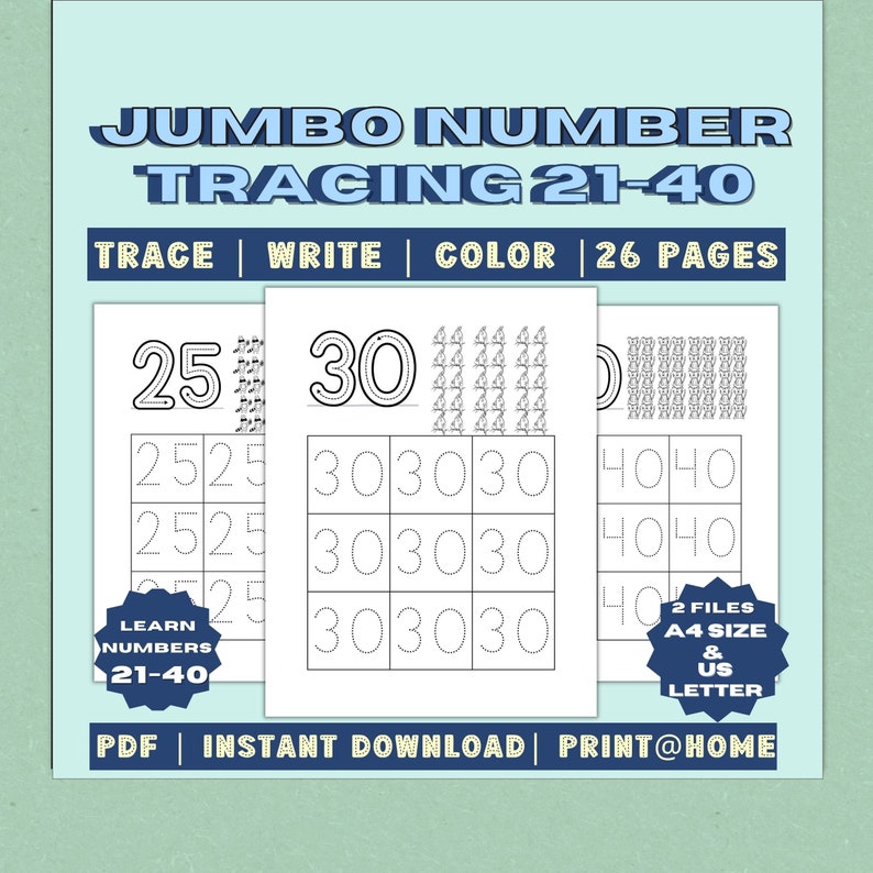 Number Tracing Worksheet 21-40 for Kids, Preschool, Toddlers ...