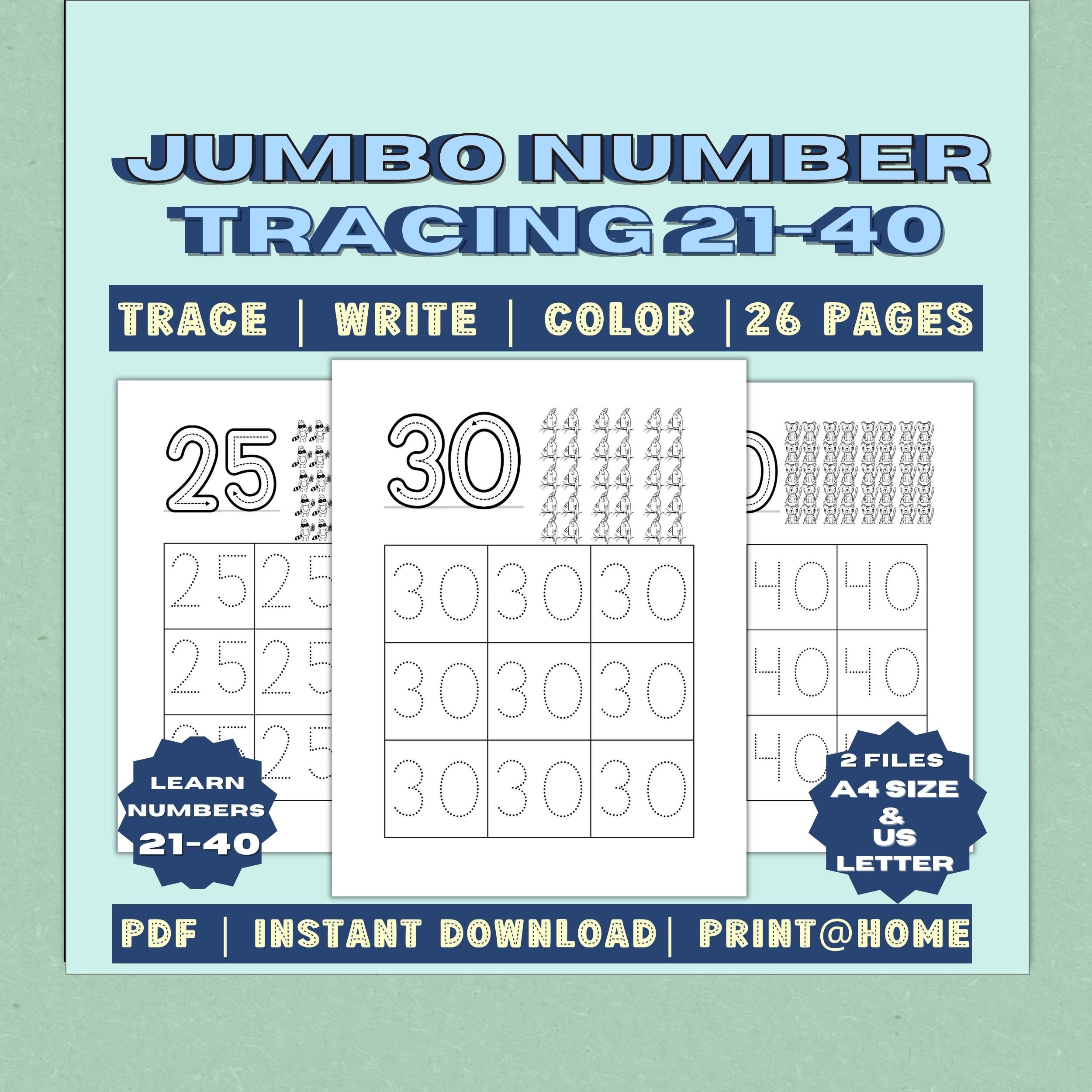Number Tracing Worksheet 21-40 for Kids, Preschool, Toddlers ...