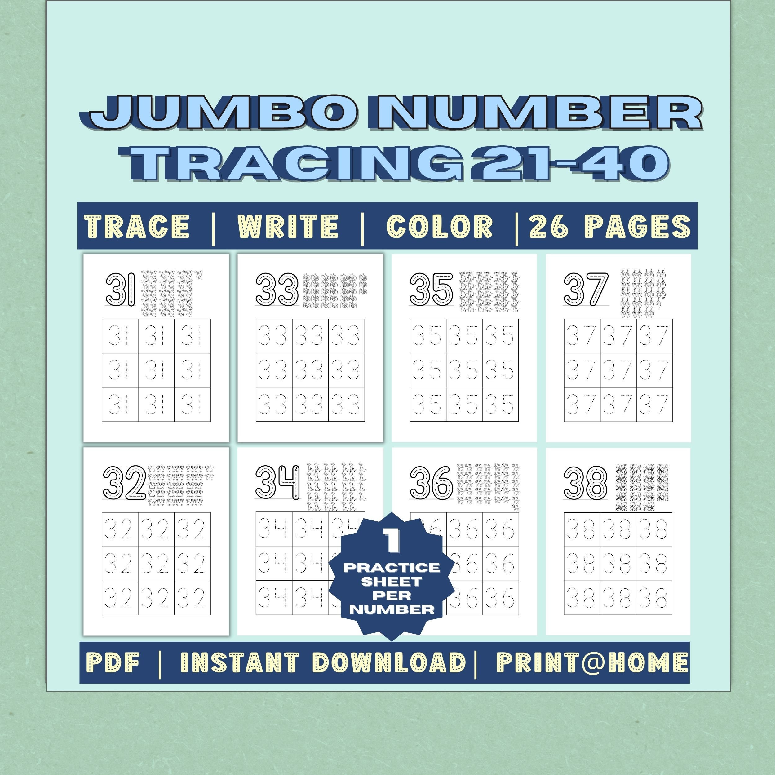 Number Tracing Worksheet 21-40 for Kids, Preschool, Toddlers ...