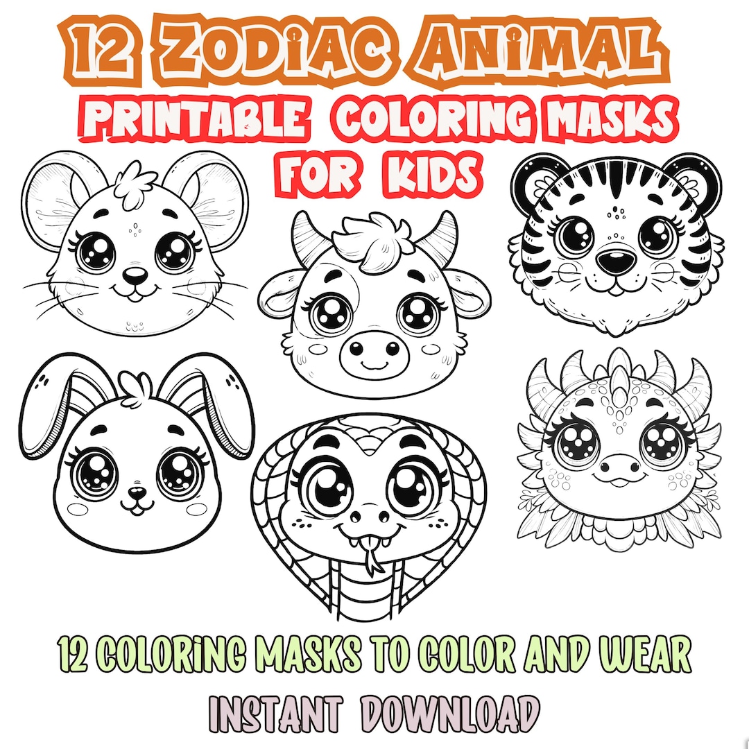 12 Zodiac Animal Masks for Kids, Printable Coloring Activity, Lunar New ...