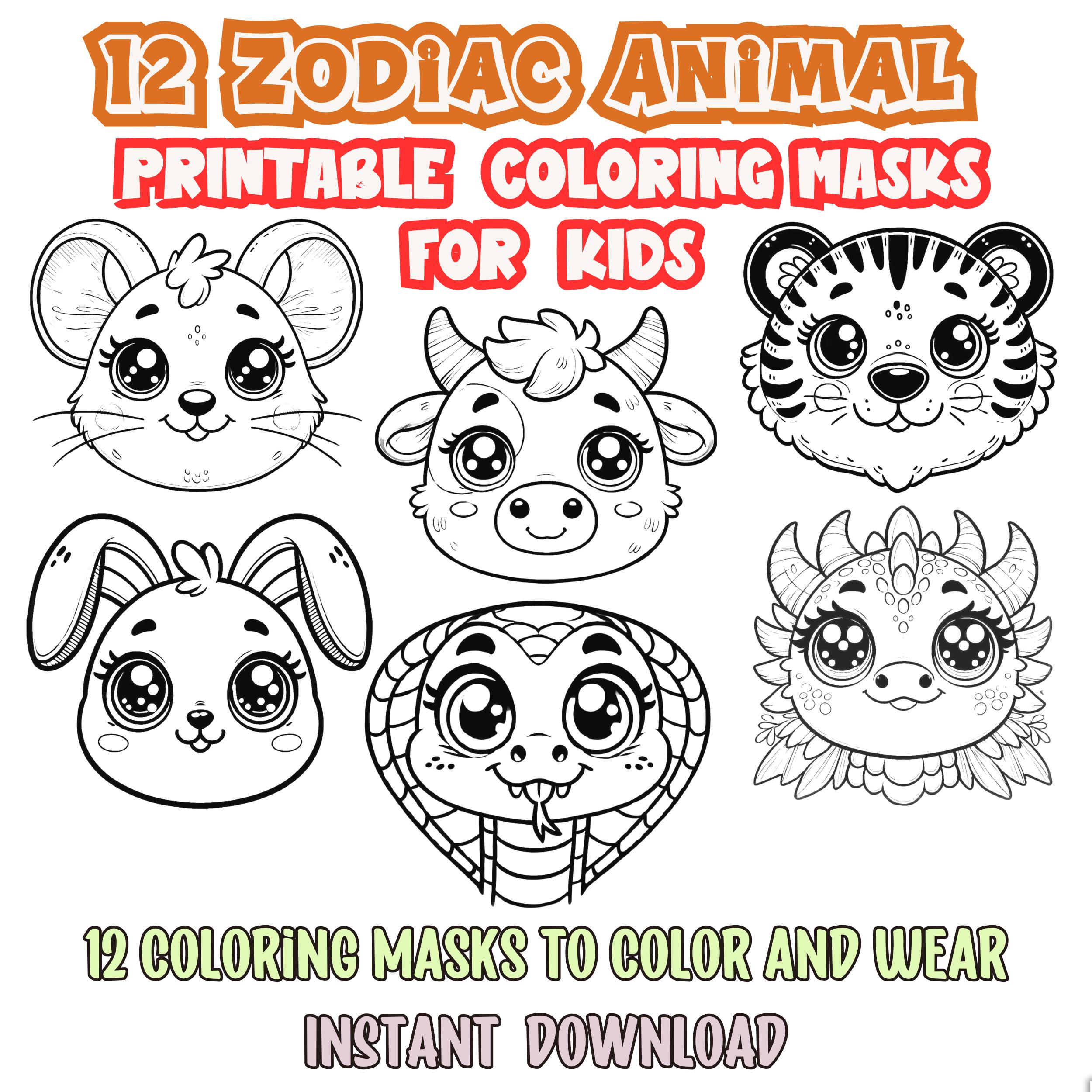12 Zodiac Animal Masks for Kids, Printable Coloring Activity, Lunar New ...