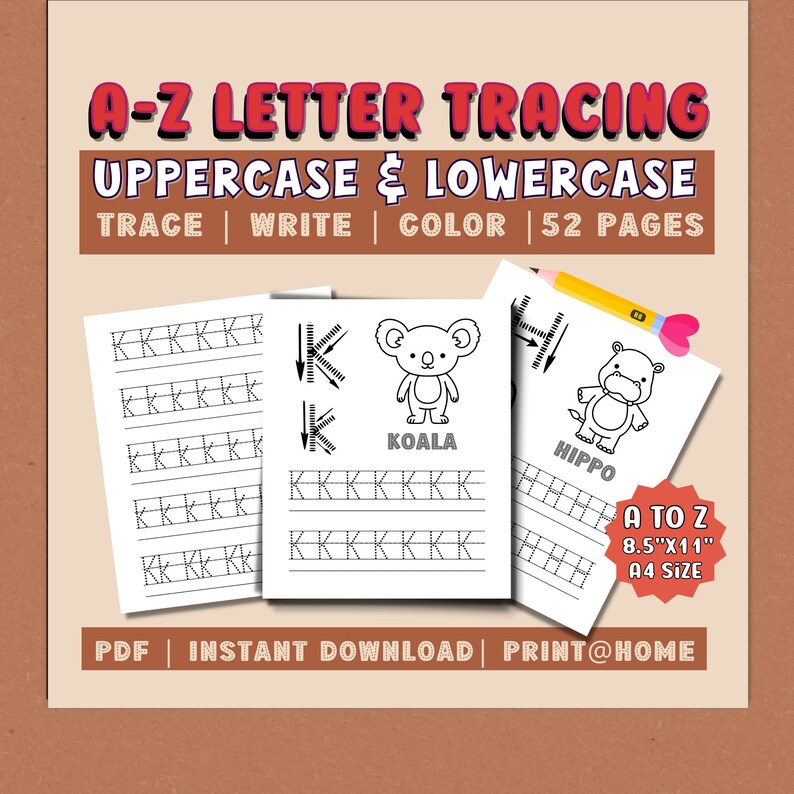 Alphabet Tracing Uppercase & Lowercase Practice Worksheets, Handwriting ...