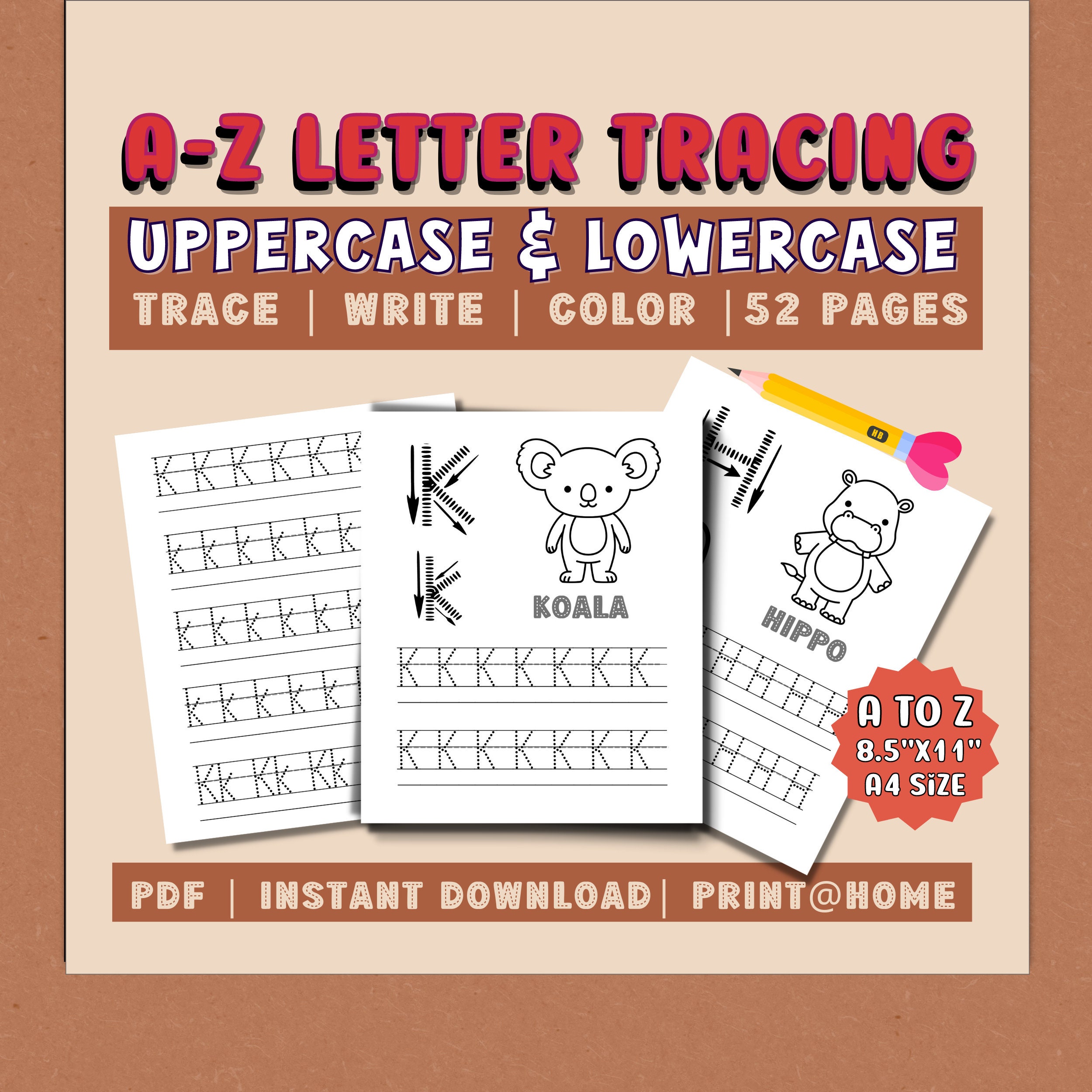 Alphabet Tracing Uppercase & Lowercase Practice Worksheets, Handwriting ...