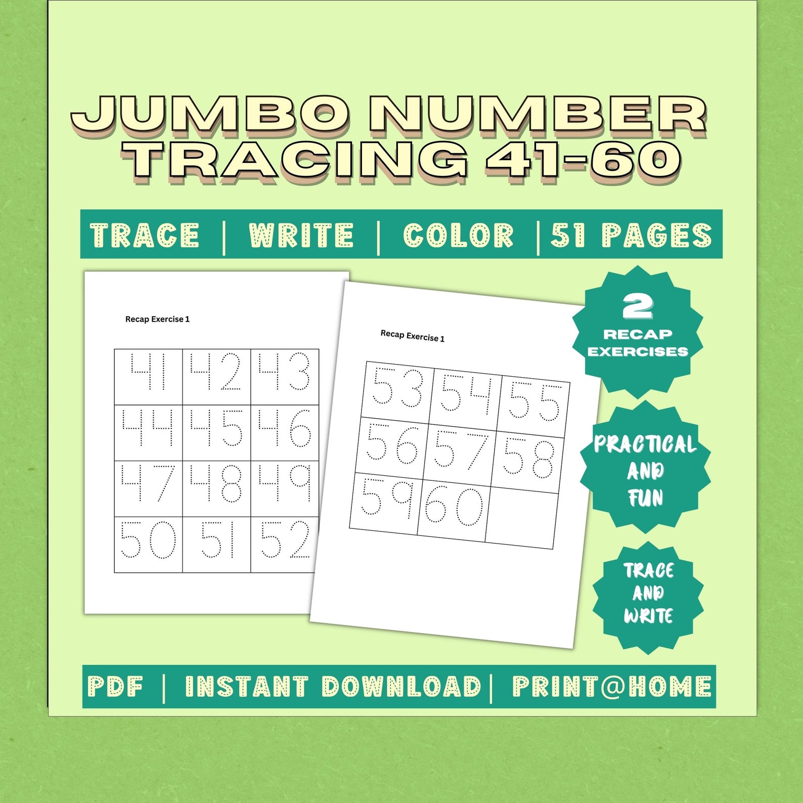 Jumbo Number Tracing Worksheet 41-60 for Kids, Preschool, Toddlers ...