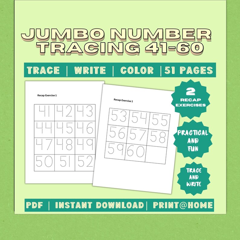Jumbo Number Tracing Worksheet 41-60 for Kids, Preschool, Toddlers ...