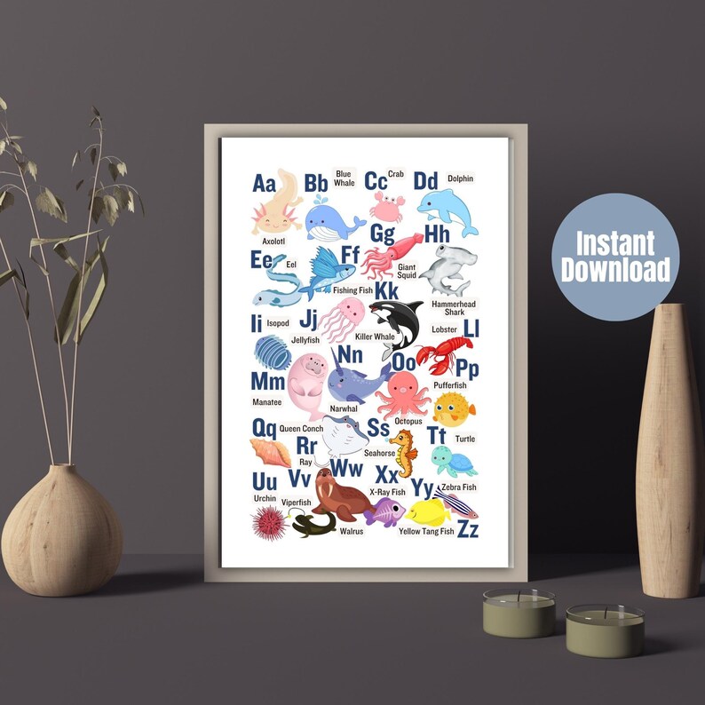 Sealife Alphabet Nursery Wall Art, Printable Kids Ocean Alphabet Poster ...