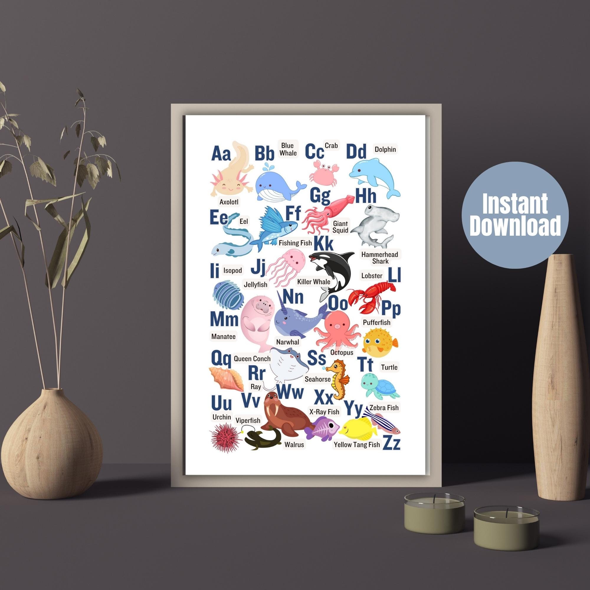 Sealife Alphabet Nursery Wall Art, Printable Kids Ocean Alphabet Poster ...