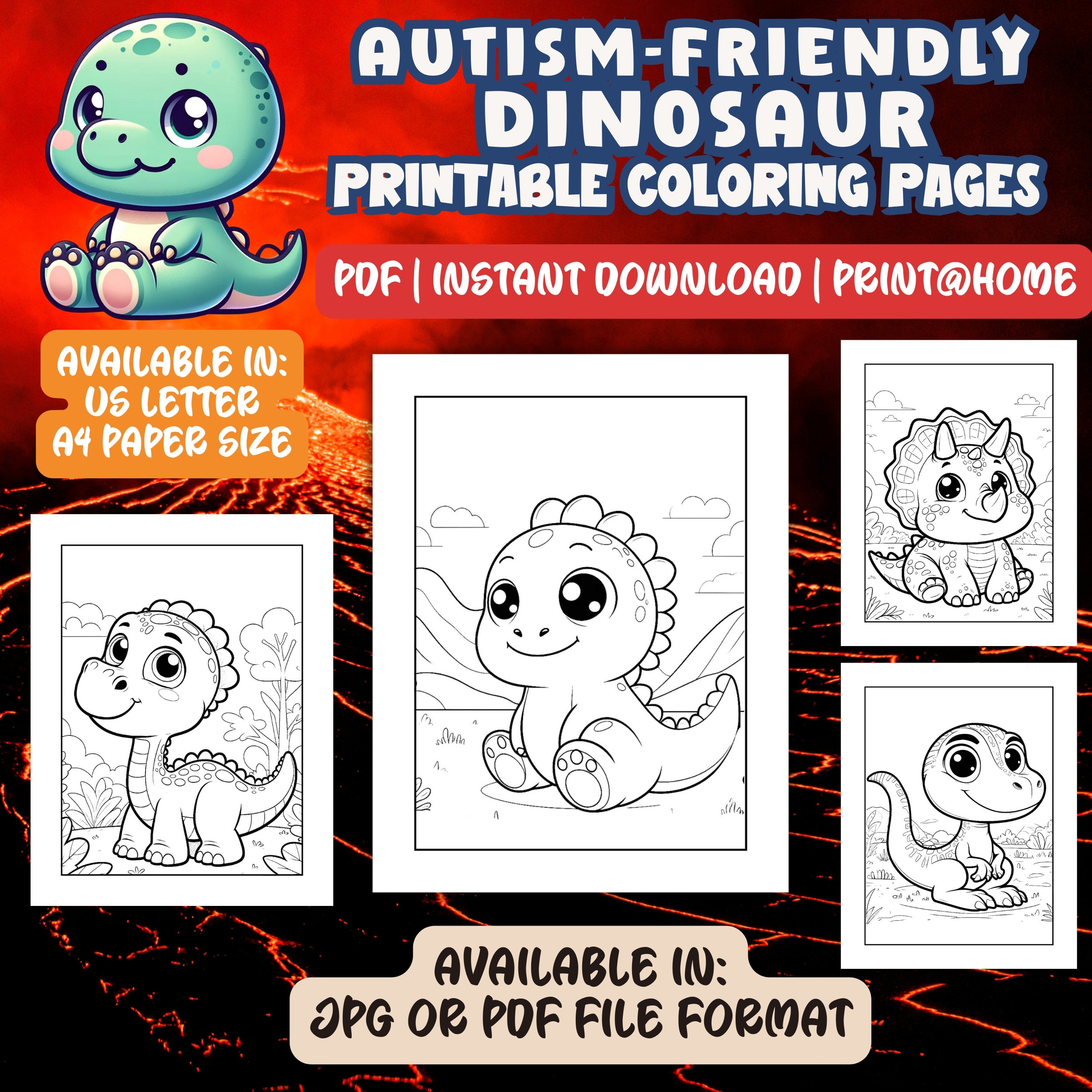 Autism-friendly Dinosaur Printable Coloring Page, Printable Autism ...
