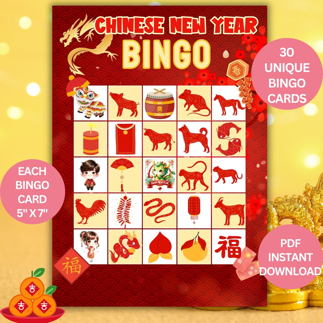 30 Chinese New Year Bingo Cards, 30 Unique Prefilled Game Cards, Kids ...