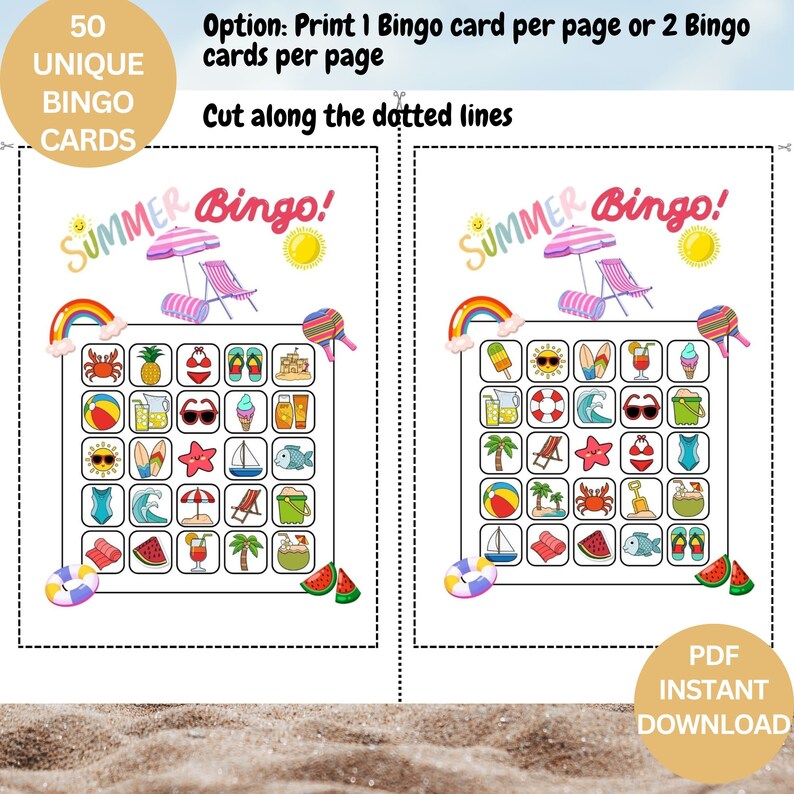 50 Summer Bingo Cards, 50 Unique Prefilled Game Cards, Kid's Party Game ...