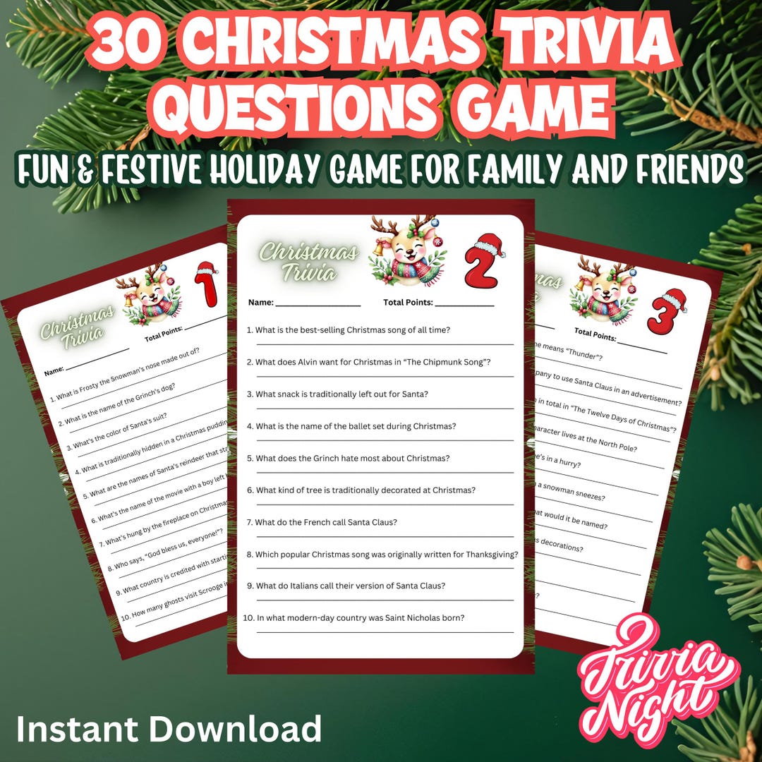 30 Christmas Trivia Questions Game, Printable Christmas Trivia Game ...