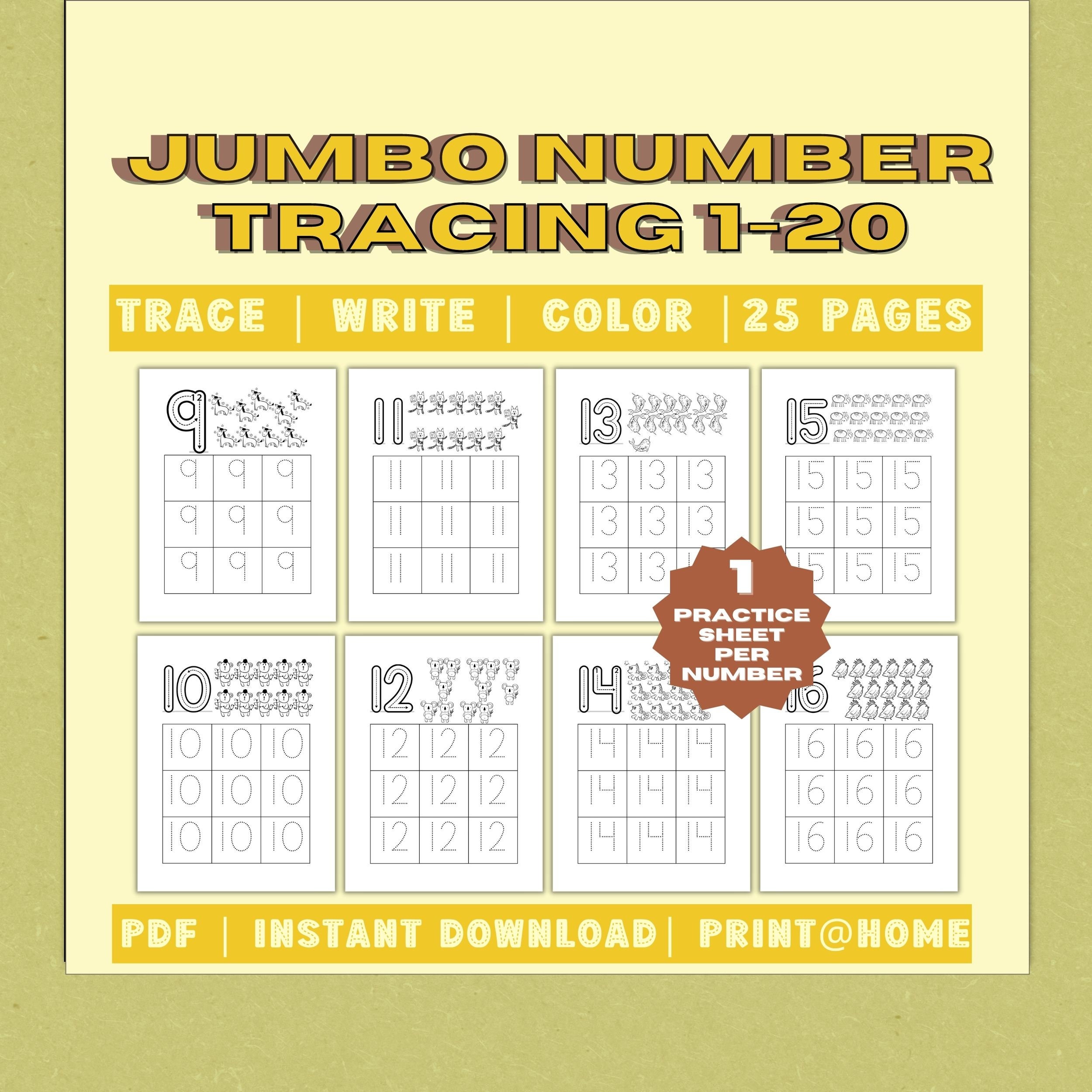 Jumbo Number Tracing Worksheet 1-20 for Kids, Preschool, Toddlers ...