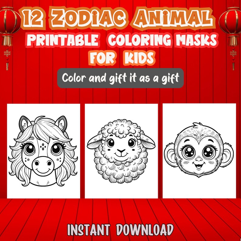 12 Zodiac Animal Masks for Kids, Printable Coloring Activity, Lunar New ...