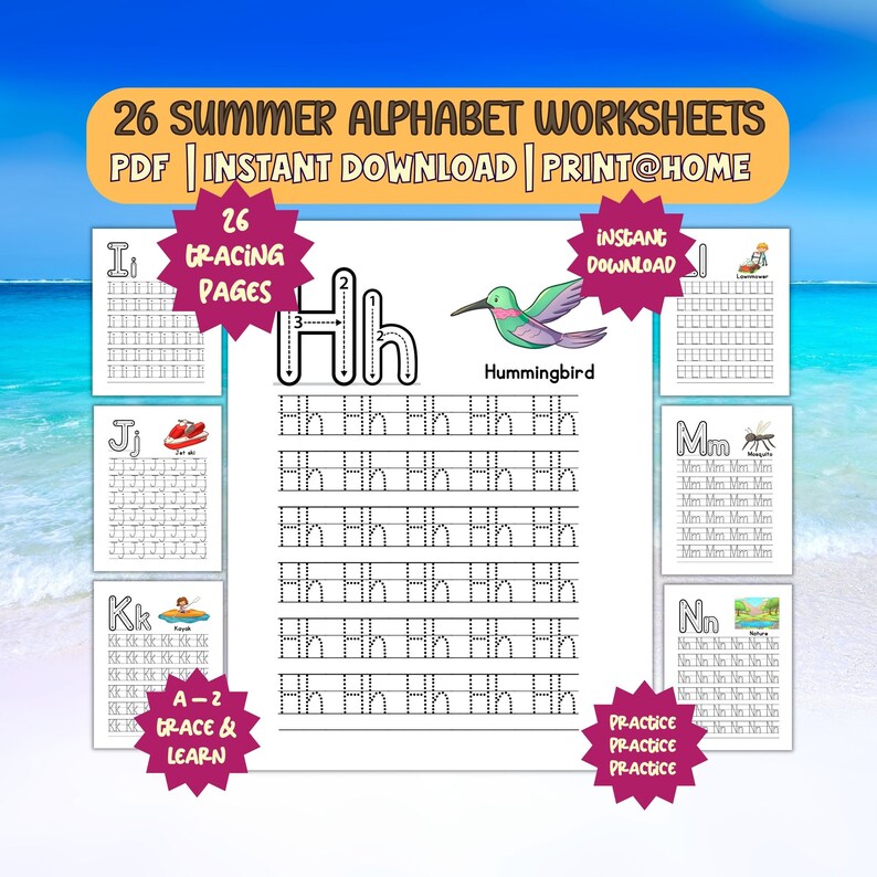 26 Summer Alphabet Worksheets, Handwriting Practice, ABC Trace & Write ...