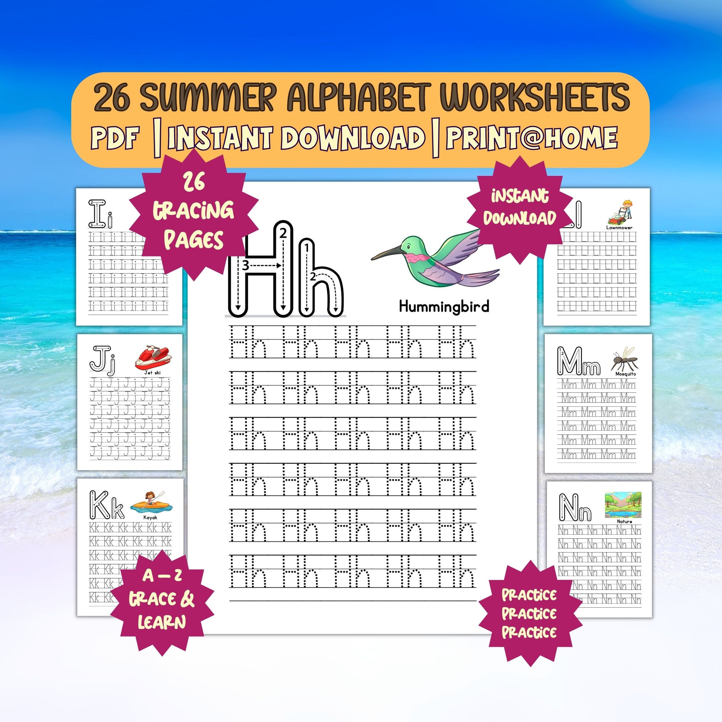 26 Summer Alphabet Worksheets, Handwriting Practice, ABC Trace & Write ...
