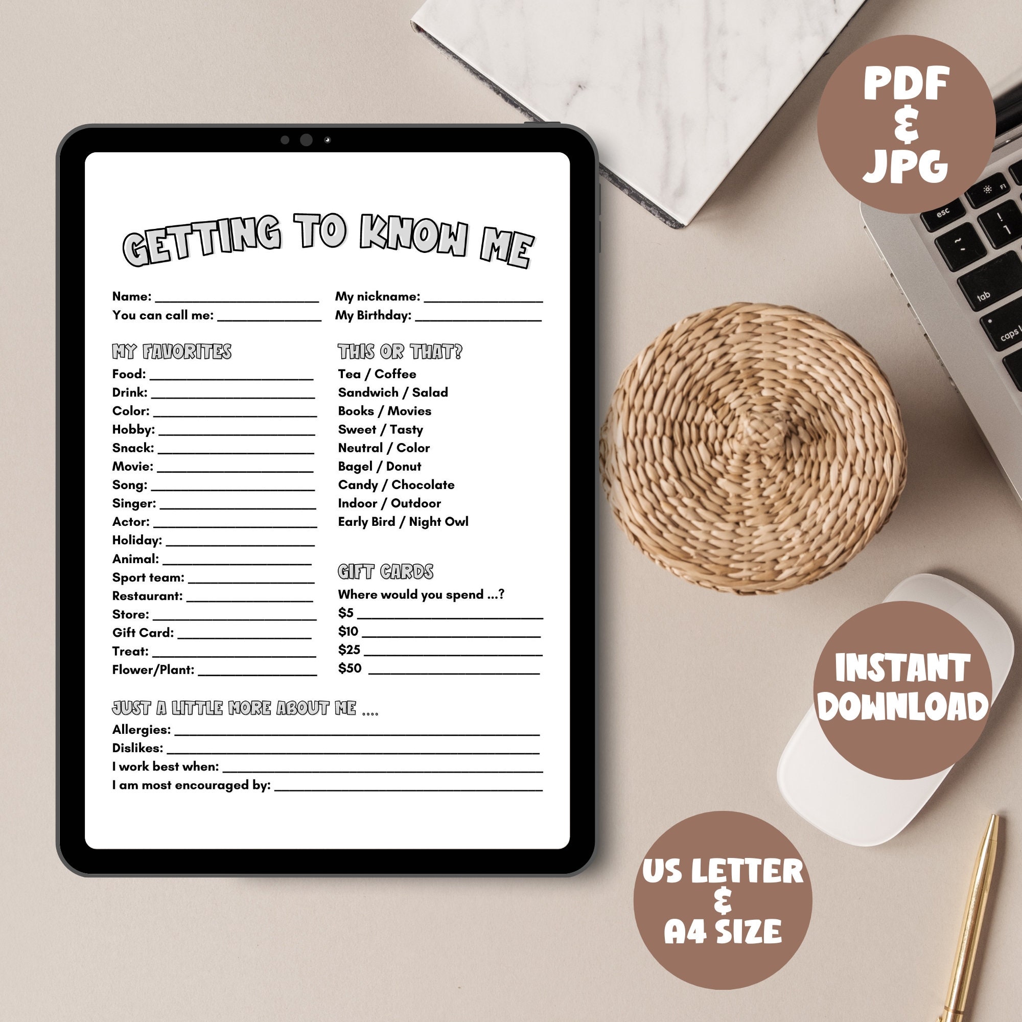 Getting to Know You Printable, Coworker Questionnaire, All About Me ...