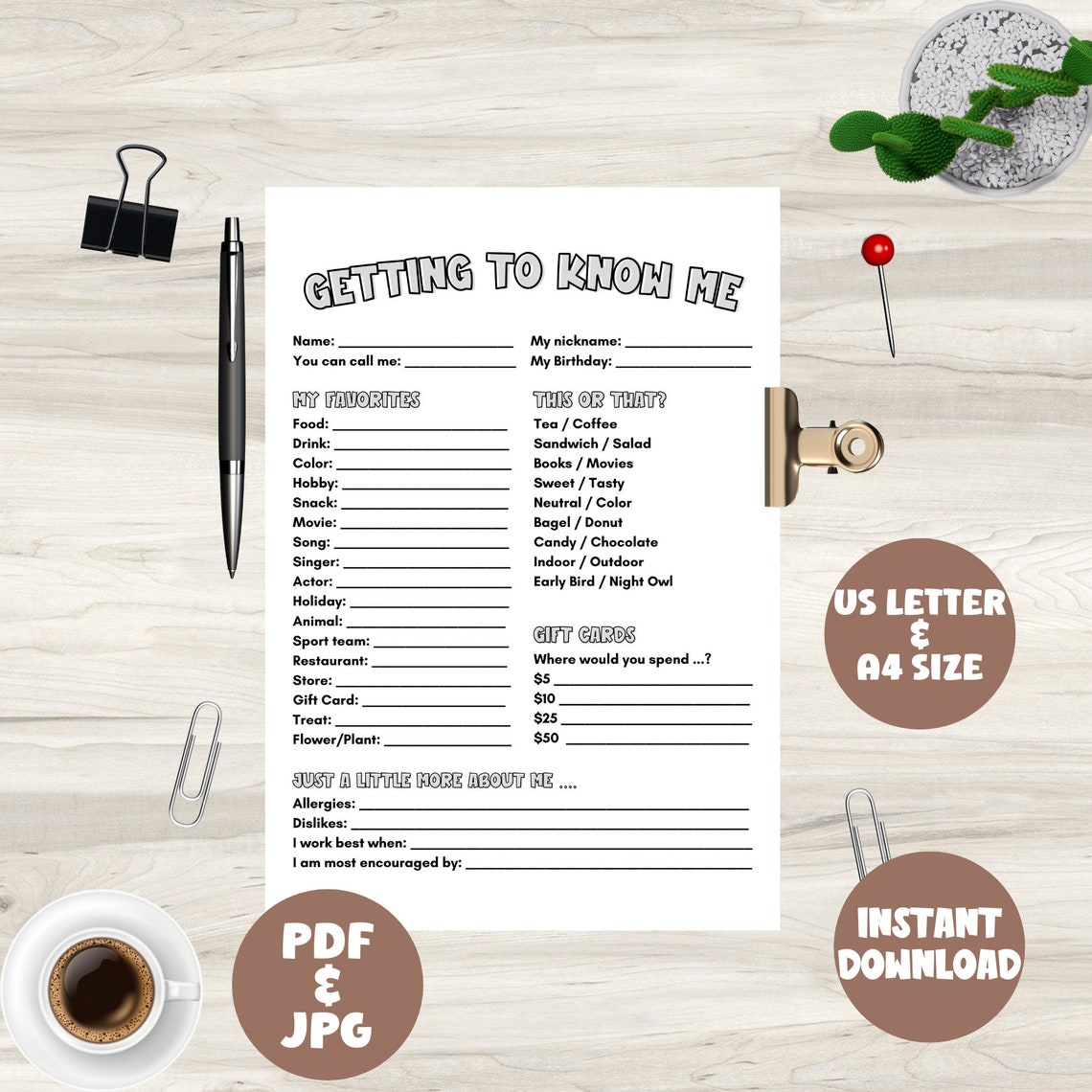 Getting to Know You Printable, Coworker Questionnaire, All About Me ...