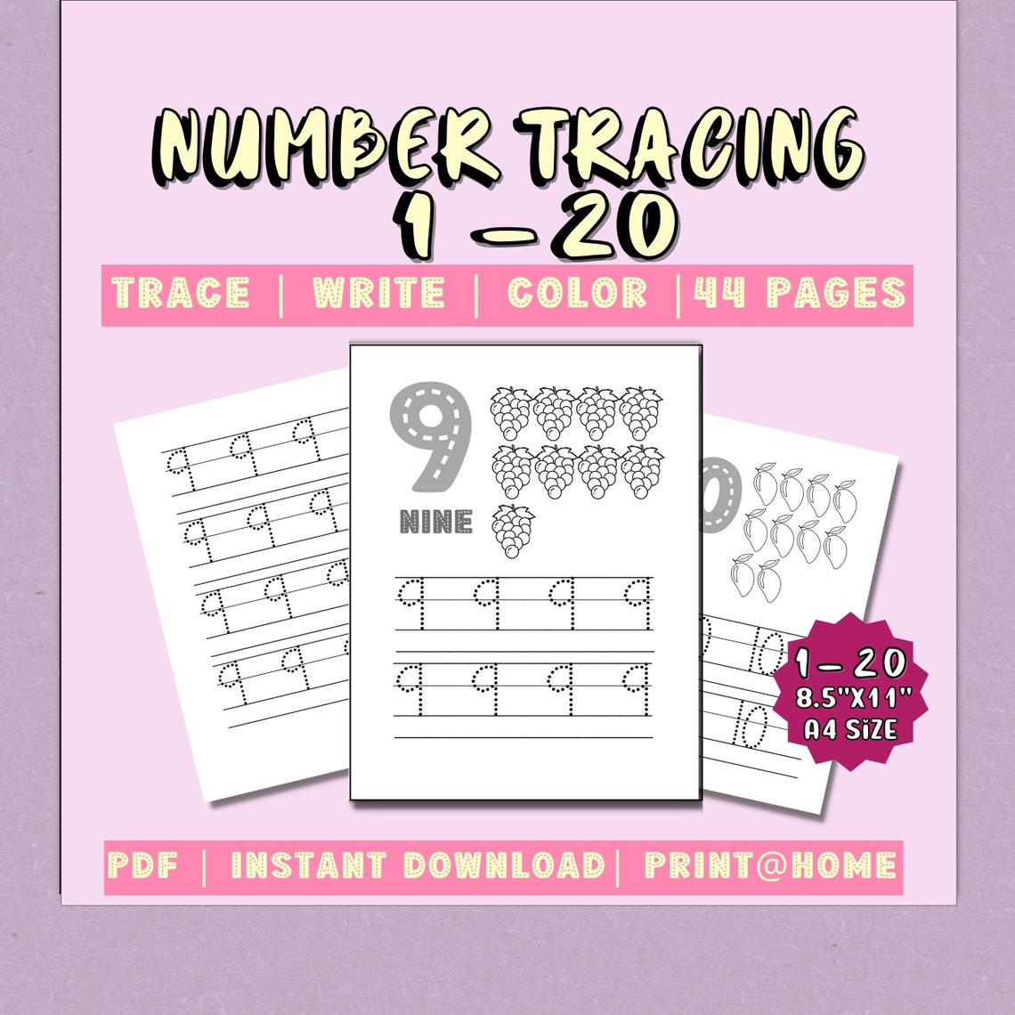 Number Tracing Worksheet 1-20 for Kids, Preschool, Toddlers ...