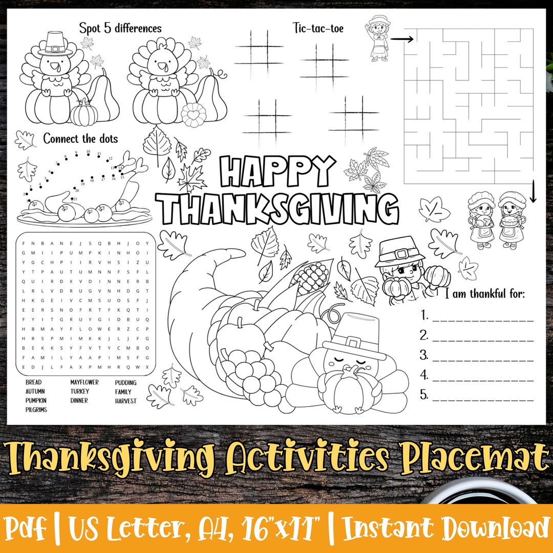 Thanksgiving Activities Placemat Kids Activity Placemat Coloring Sheets ...