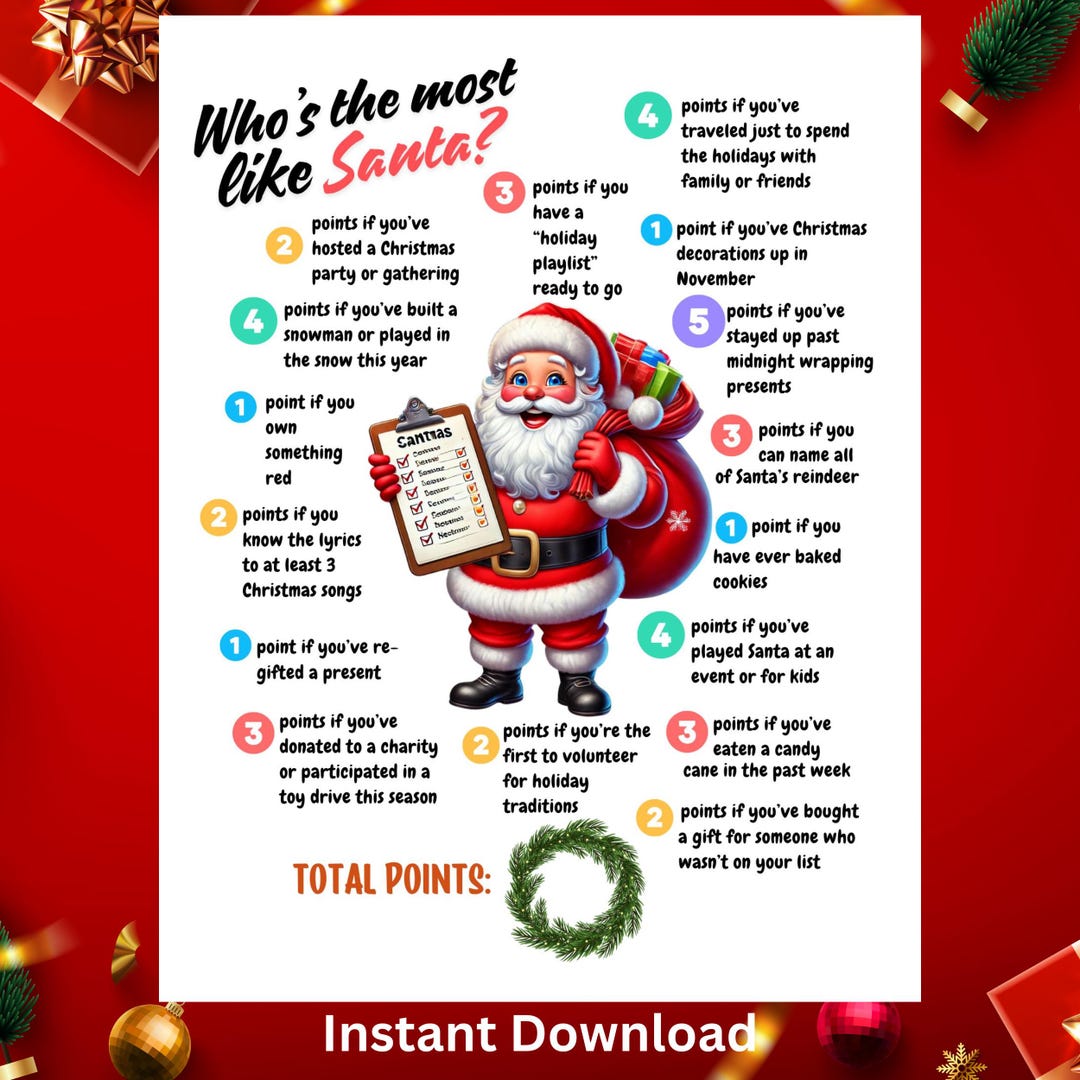 Who is Most Like Santa Printable Christmas Game, Family Christmas Game ...