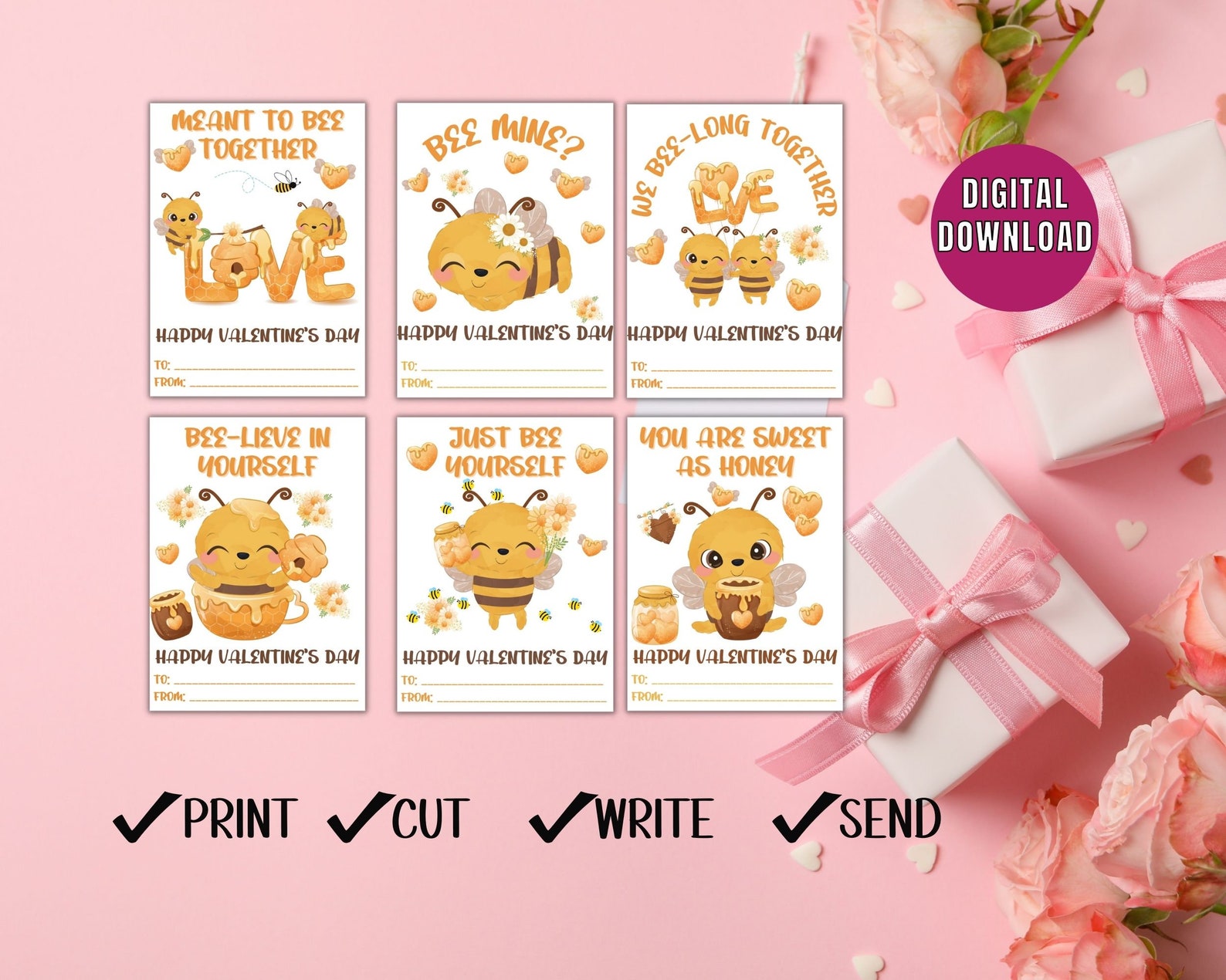 Kids Printable Happy Valentines Day Card, Classroom Valentine Bee Card ...
