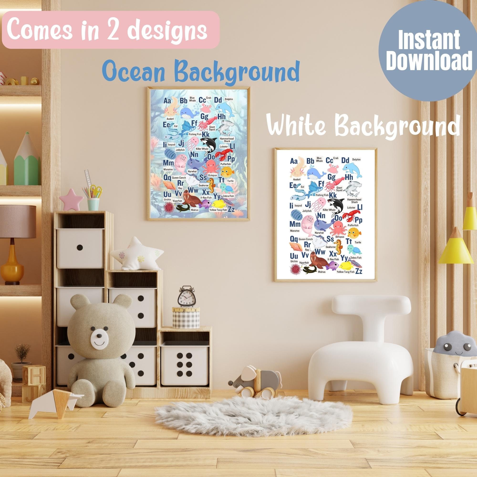 Sealife Alphabet Nursery Wall Art, Printable Kids Ocean Alphabet Poster ...