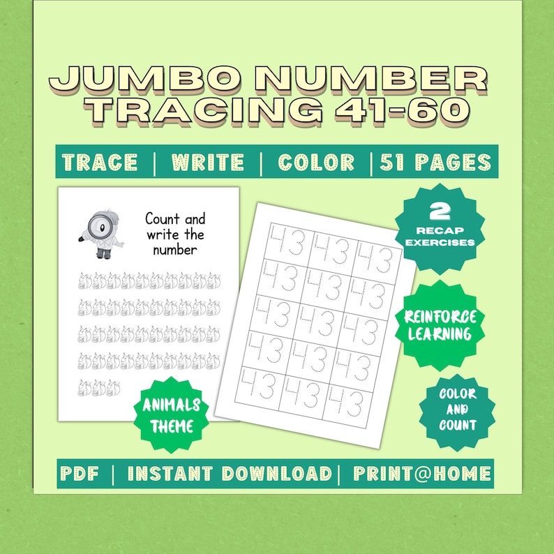 Jumbo Number Tracing Worksheet 41-60 for Kids, Preschool, Toddlers ...