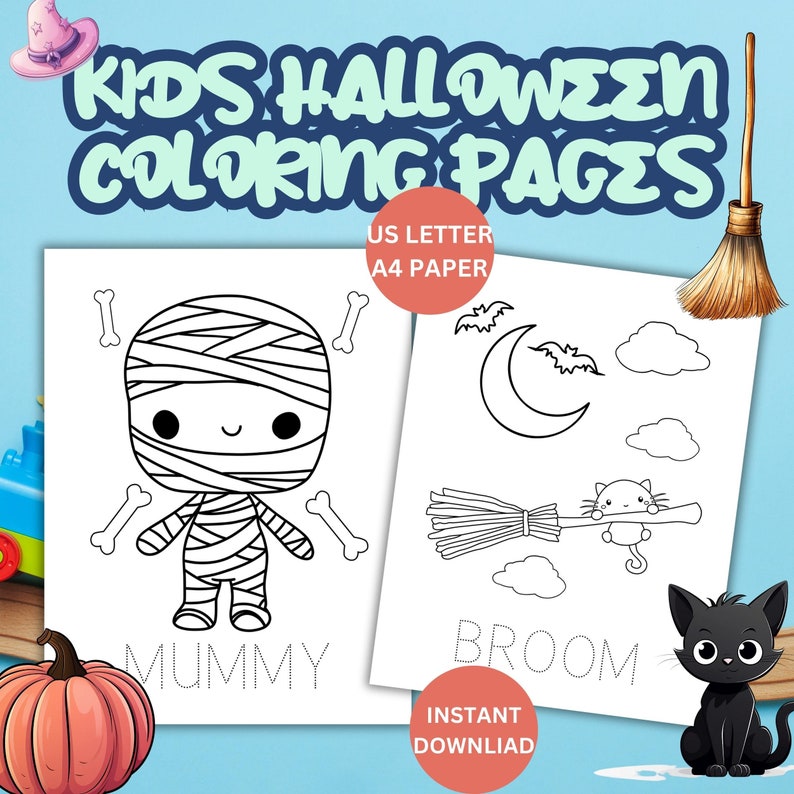 Kids Halloween Coloring Pages Printable for Toddlers Cute - Etsy