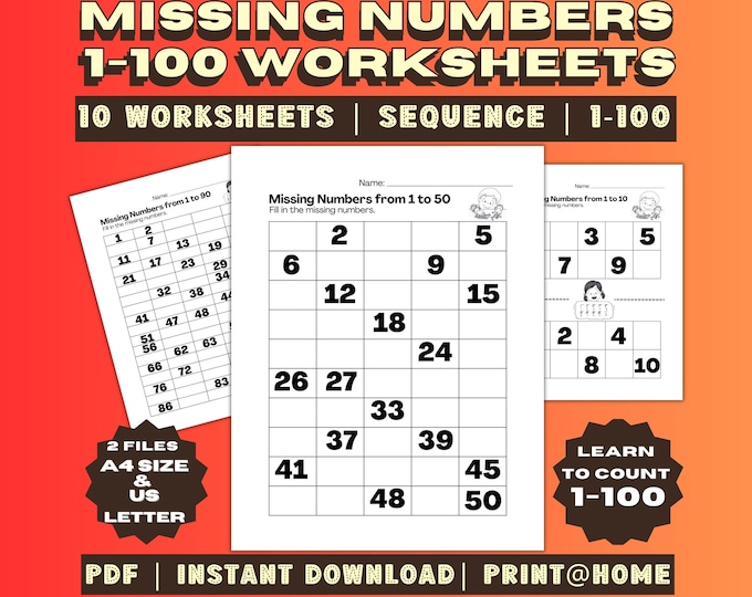 100 Chart Missing Numbers Worksheets - Etsy Canada