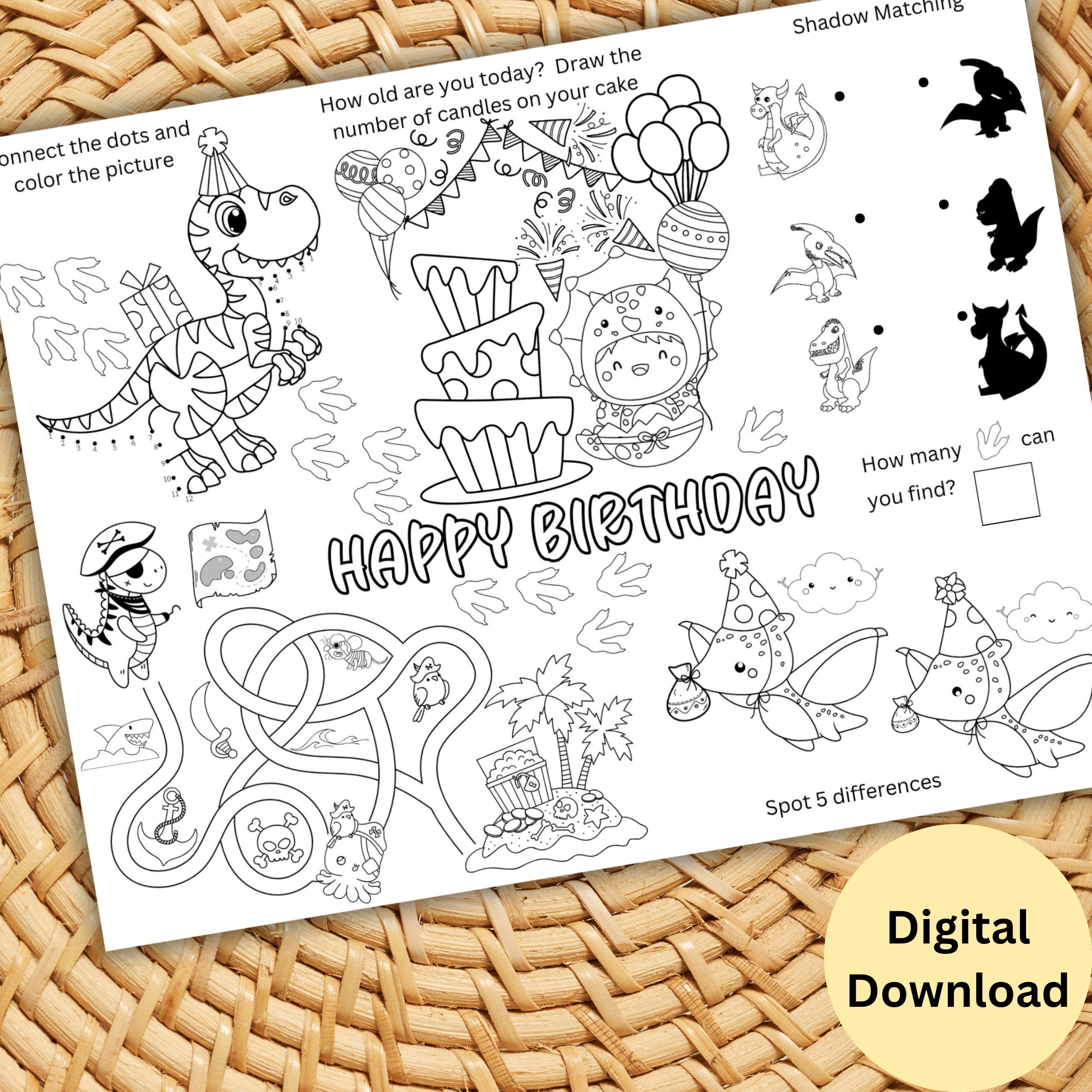 Dinosaur Happy Birthday Party Activities Placemat Kids Dinosaur ...