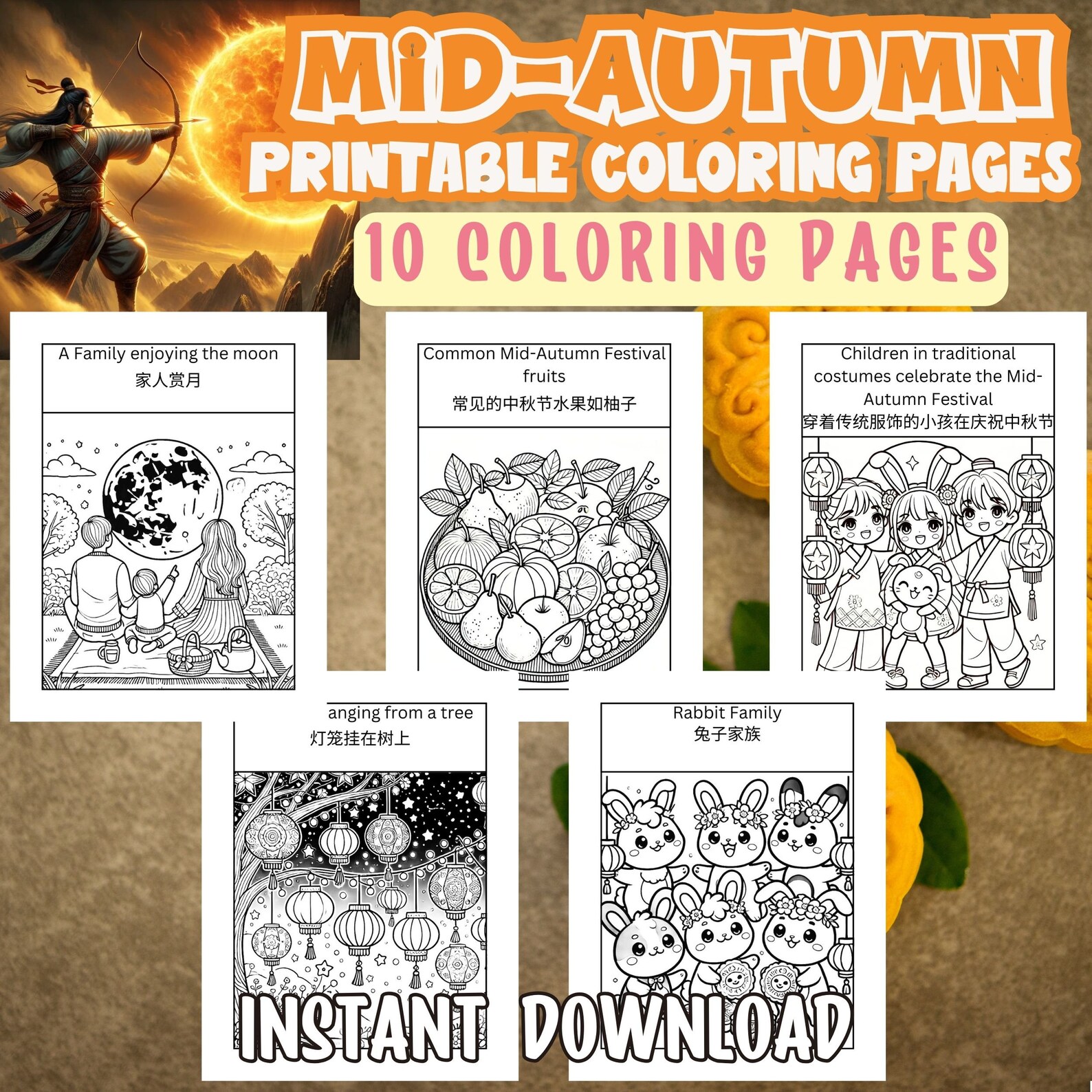 Mid-autumn Festival Coloring Pages, Printable Moon Festival Coloring ...