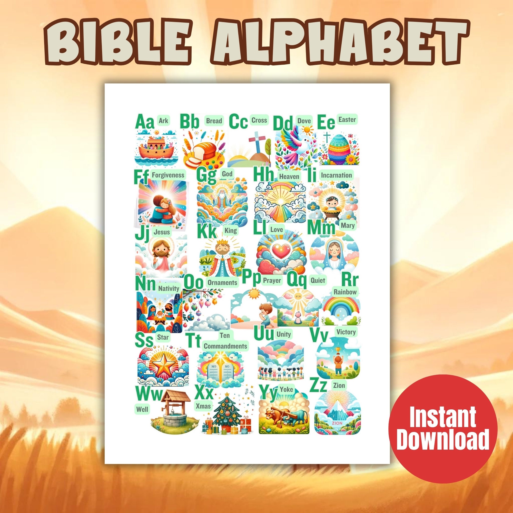 Bible Alphabet Nursery Wall Art, Printable Kids A-Z Alphabet Poster ...